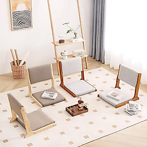 Tatami Chair Accent Furniture, Foldable Meditation Floor Chair, Folding Floor Chairs Seat, Portable Japanese Legless Chair, Back Rest Chair with Cushion, Wood Grey