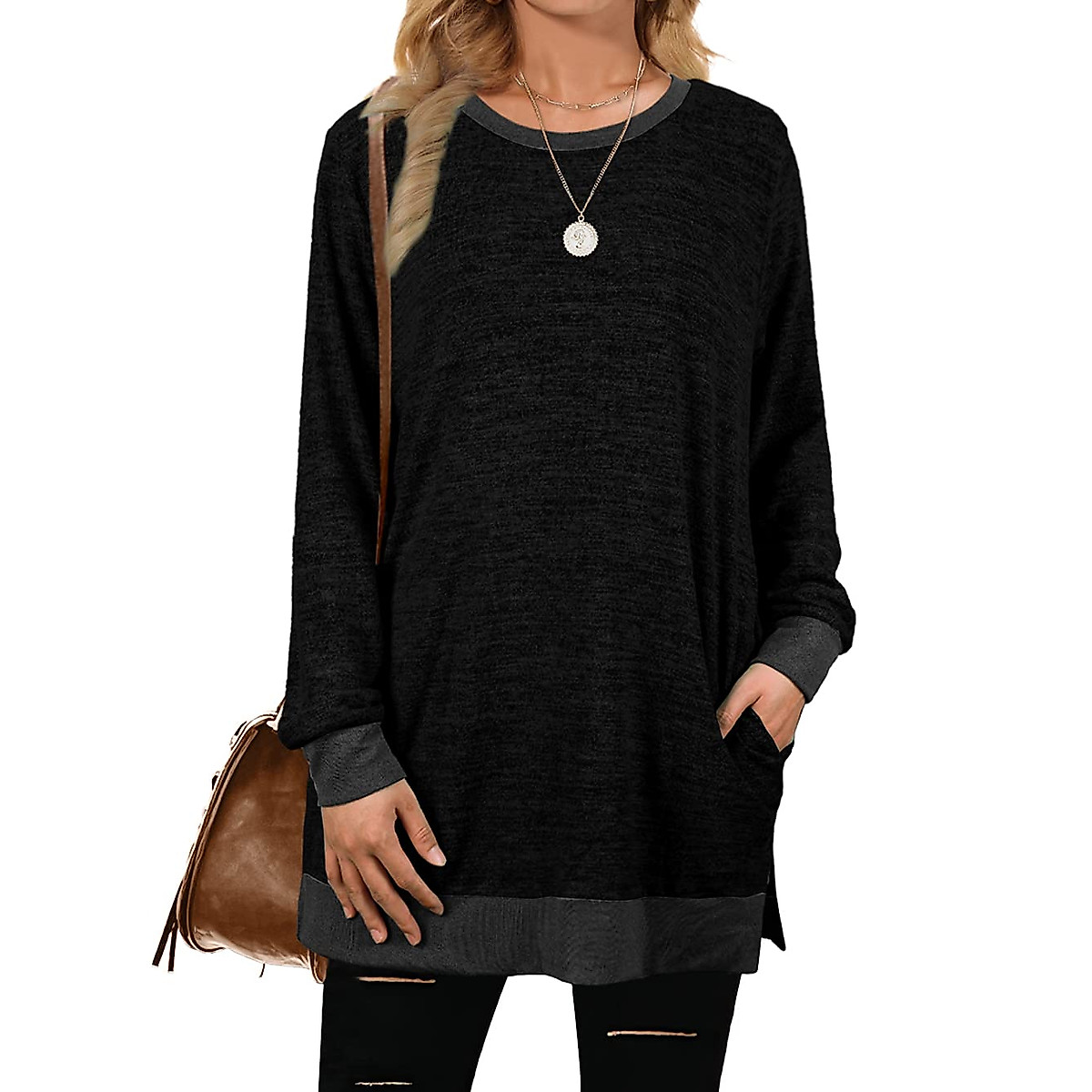 XIEERDUO Black Crew Neck Sweatshirt Womens Lightweight Sweater Tunic Long Sleeve Tops Fall XL