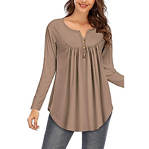 Beauhuty Womens Long Sleeve Tops Casual Henley V-Neck Loose Fit Pleated Tunic Shirt Blouses (Long-Light Coffee,S)