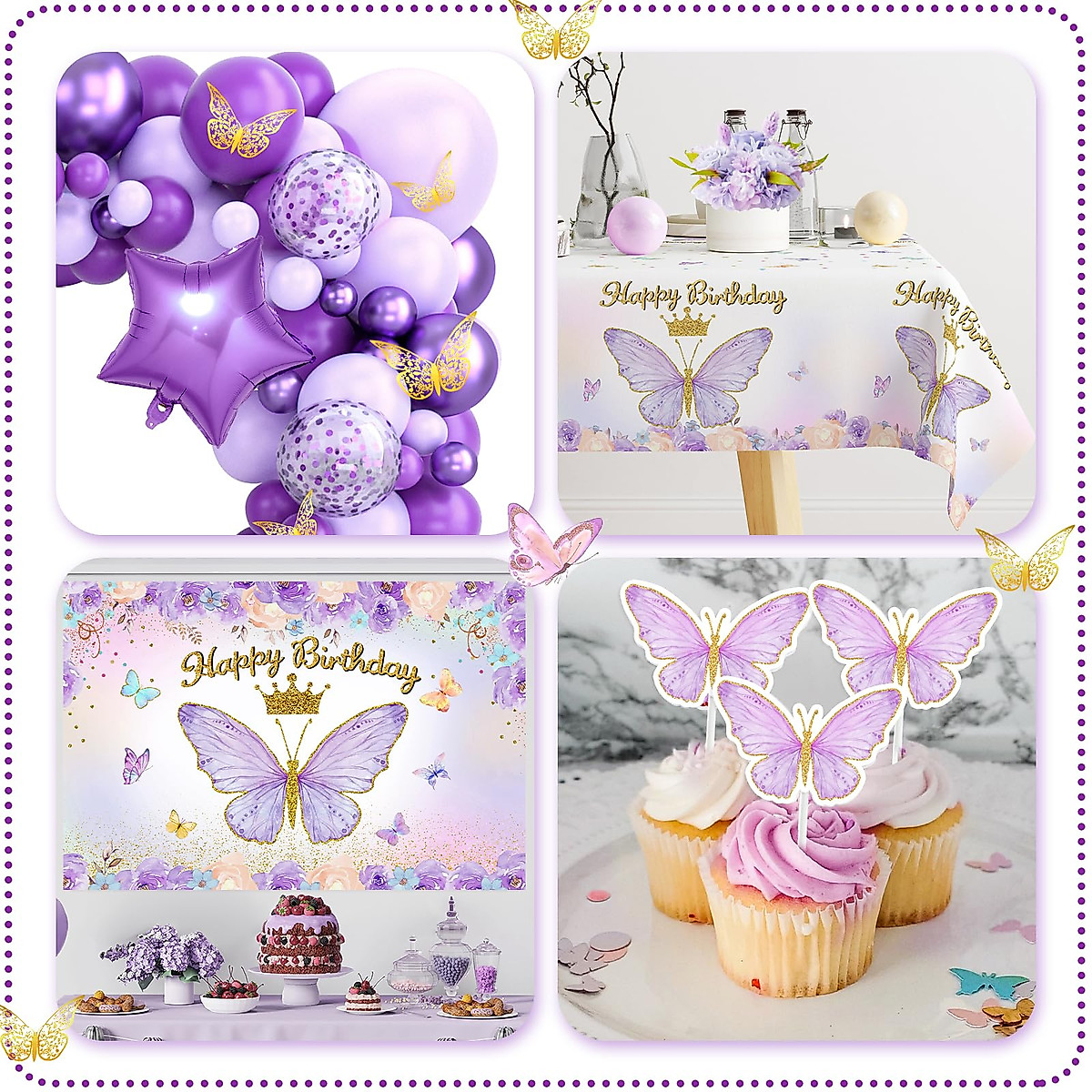Butterfly Birthday Decorations for Girl,Purple Balloon Arch Kit with Foil Butterfly Balloon,Happy Birthday Backdrop Butterfly Tablecloth Decorations for Girl Birthday Baby Shower Purple Party Supplies