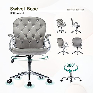 Haplized Velvet Home Office Chair with Wheels, Cute Desk Chair with Side Arms and Wheels 360°, Height Adjustable Armchair for Living Room, Bedroom, Vanity Room, Bling Desk Nail Desk for Women (Grey)