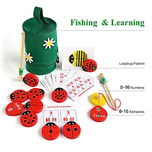 WODI Wooden Counting Ladybugs 0-10 Alphabets & Numbers Sorting Montessori Educational Toys for Toddlers Girls&Boys 3+ Learning to Count Cards Matching Painted Ladybug Toy