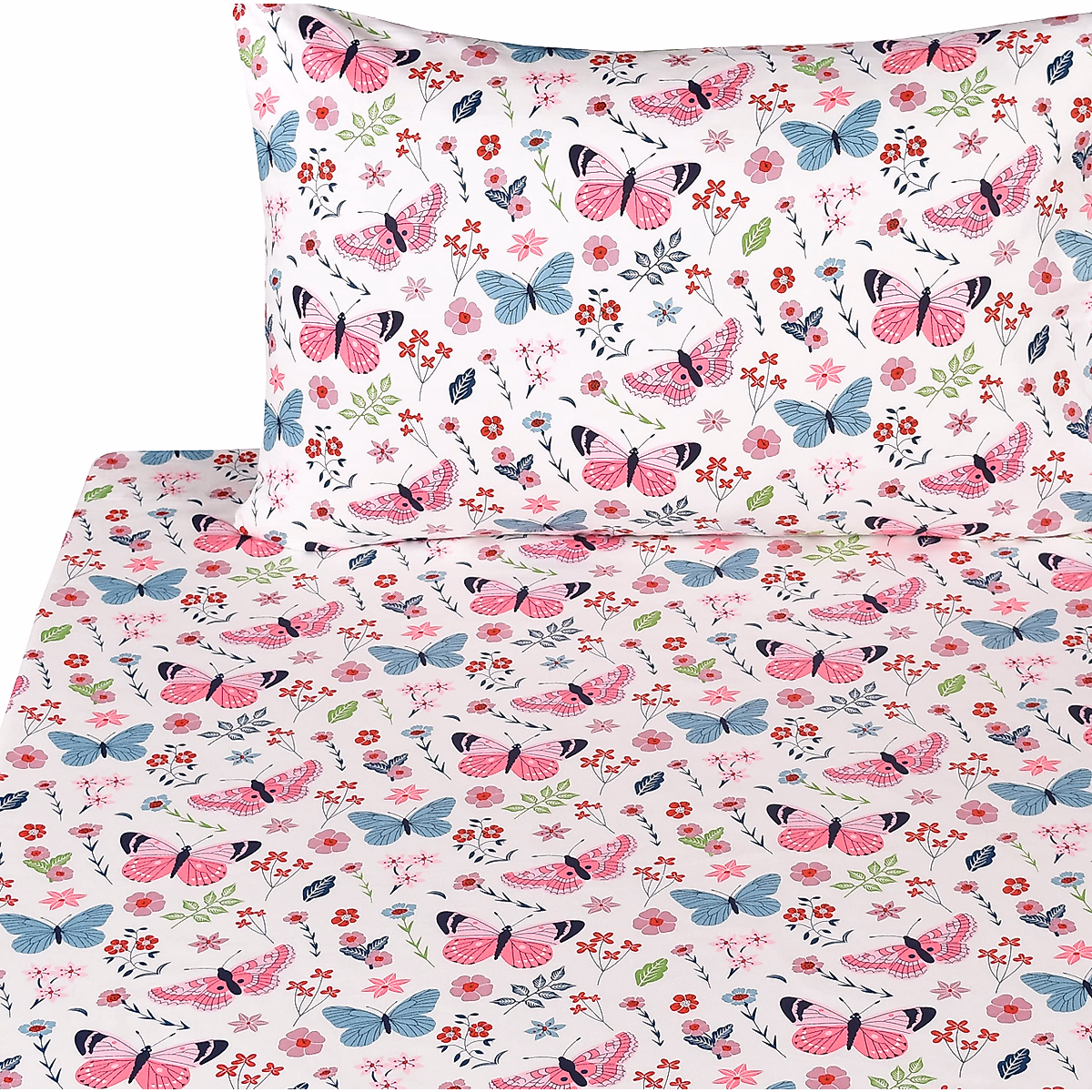 Scientific Sleep Butterfly Pink Flower 100% Cotton Cozy Fun Twin Bed Sheet Set, Flat Sheet & Fitted Sheet & Pillowcase Kids Boys Girls Bedding Set