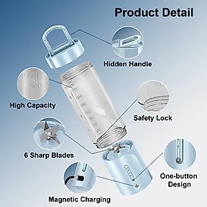 Portable Personal Blender with Insulated Sleeve for Juice, Shakes and Smoothies - 16 Oz Mini Blender Cup with 6 Blades, USB Rechargeable, BPA Free - Small Blender for Kitchen, Travel, Office, Gym