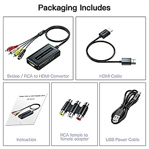 PARUIEN 2 in 1 RCA/S-Video to HDMI Converter with 720P/1080P Ouptut Switch, Svideo to HDMI Converter, Composite AV to HDMI Compatible with VHS/DVD/STB/N64/PS2/Wii