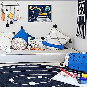HLNIUC Outer Space Room Wall Art, Space Theme Posters Astronaut Construction Canvas Prints (12”X16”,Framed), Planet Stars Trucks Universe Art Print For Kids Boys room Playroom Decor-Ready To Hang