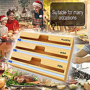 Tuipm Wrap Dispenser with Cutter, Plastic Wrap, Aluminum Foil and Wax Paper Dispenser for Kitchen Drawer, Bamboo Roll Organizer Holder, 3 in 1 Wrap Dispenser Compatible with 12" Roll