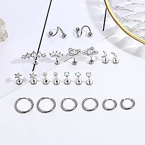 ZELORES 20G Cartilage Earrings Set For Women Men Stainless Steel Small Huggie Hoop Earring Flatback Star Moon Butterfly CZ Cartilage Stud Earrings Chain Dangle Cartilage Helix Tragus Piercing Jewelry,