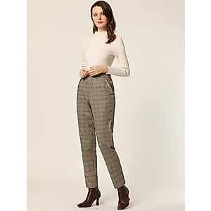 Allegra K Women's Easter Vintage Tartan Plaid Pants Elastic Waist Straight Long Trousers Medium Camel