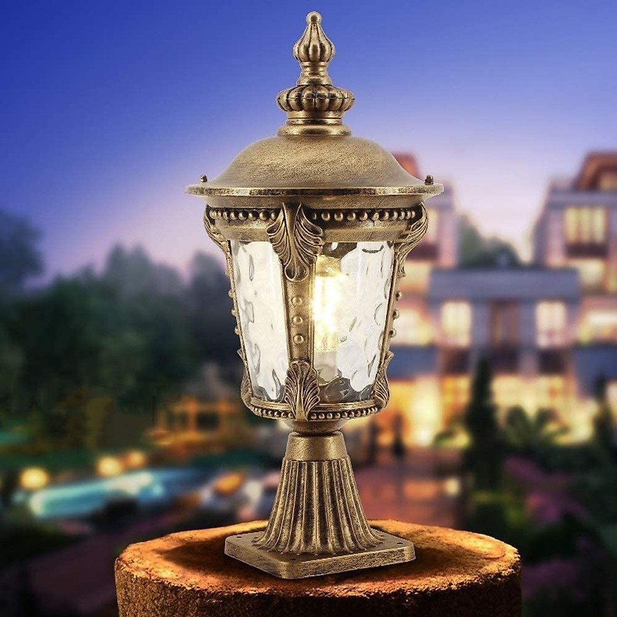 MODEBHD European Vintage Glass Lantern Pillar Column Light External Rainproof Aluminum Landscape IP55 Waterproof Retro Column Lamp Outdoor Table Lamp Lawn Garden Lights Street Post Lights