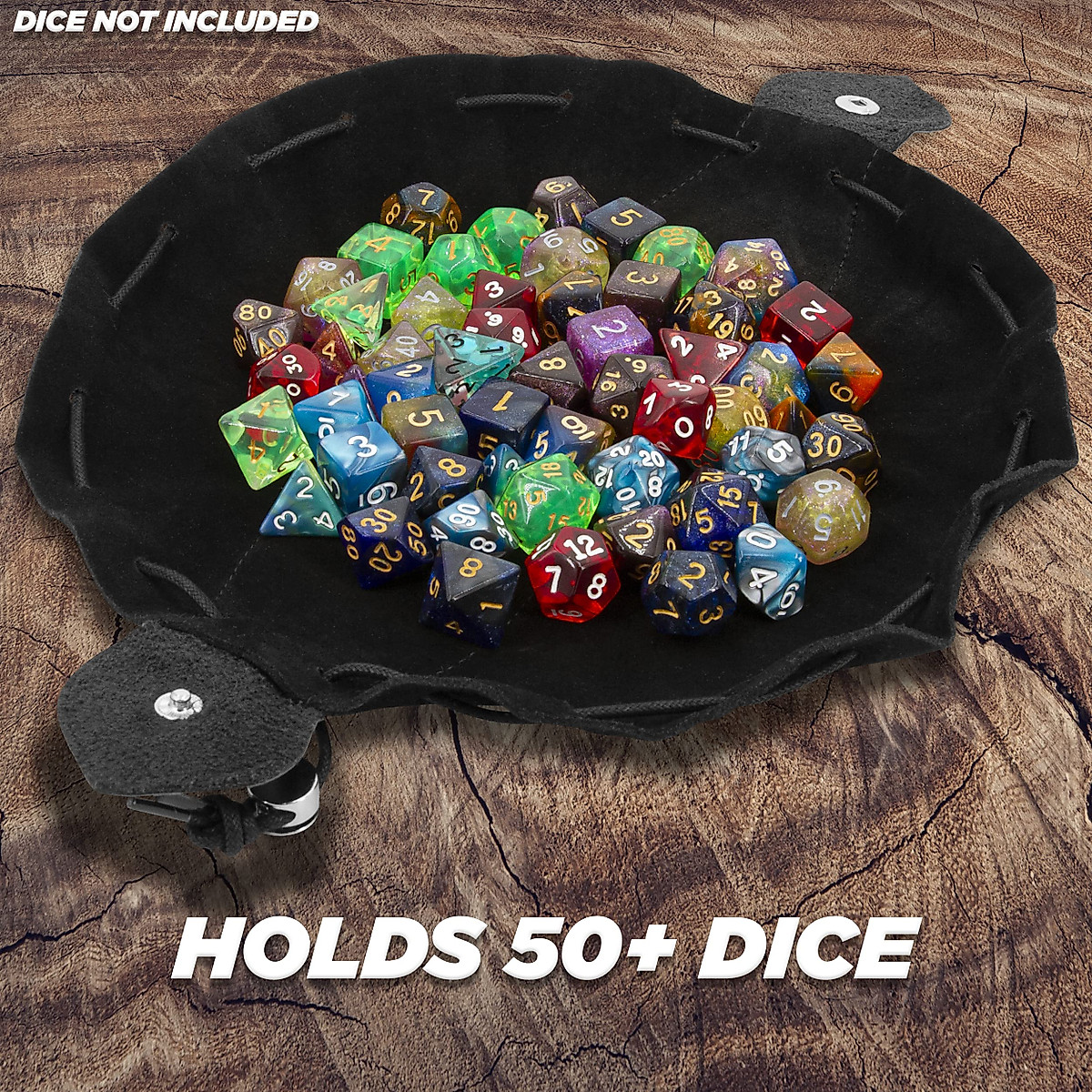 CASEMATIX Leather Dice Bag and Dice Rolling Tray for 50+ RPG Dice - Black DND Dice Bag Leather Drawstring Pouch with Non-Scratch Fabrics, Metal Hardware and Debossed Serpent Design