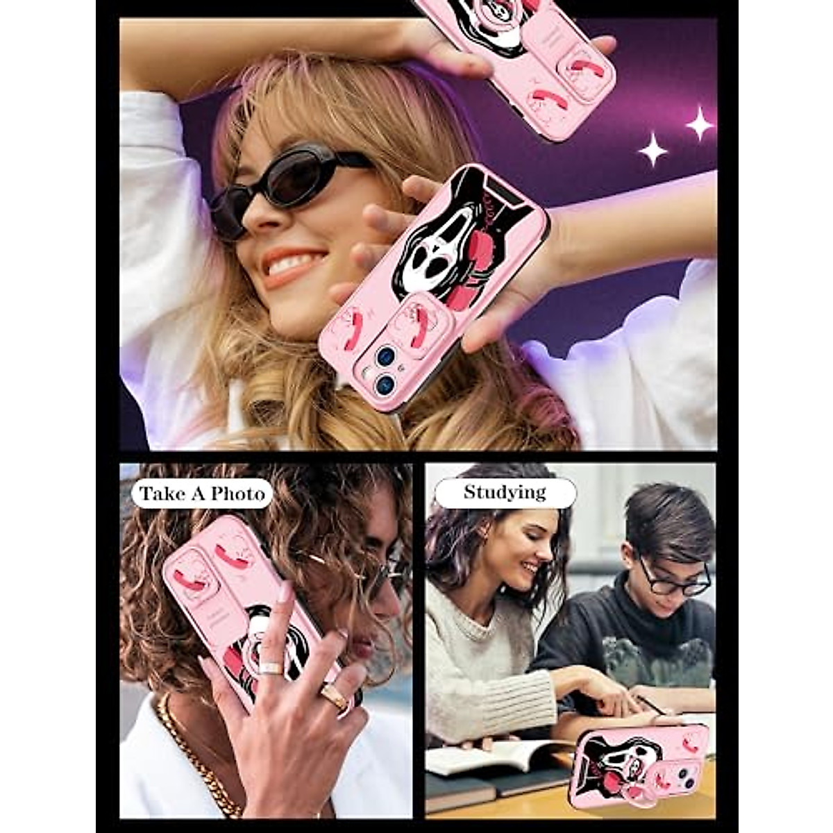 Goocrux (2in1 for iPhone 14 Case Skull Skeleton for Women Girls Cute Girly Phone Cover Cool Funny Gothic Design with Slide Camera Cover+Ring Holder Cases for iPhone14 6.1 inch