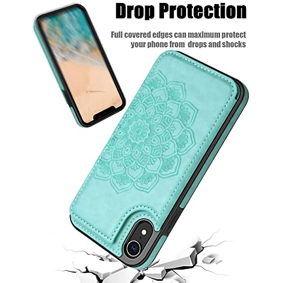 MMHUO for iPhone XR Case with Card Holder, Flower Magnetic Back Flip Case for iPhone XR Wallet Case for Women, Shockproof Protective Case Full Cover Phone Case for iPhone XR,Mint