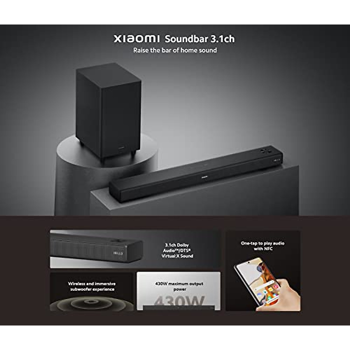 Xiaomi Soundbar 3.1ch, 430W Max Power, 3.1ch DTS® Virtual X Sound, One-tap to Play Audio with NFC, Wireless and immersive subwoofer Experience