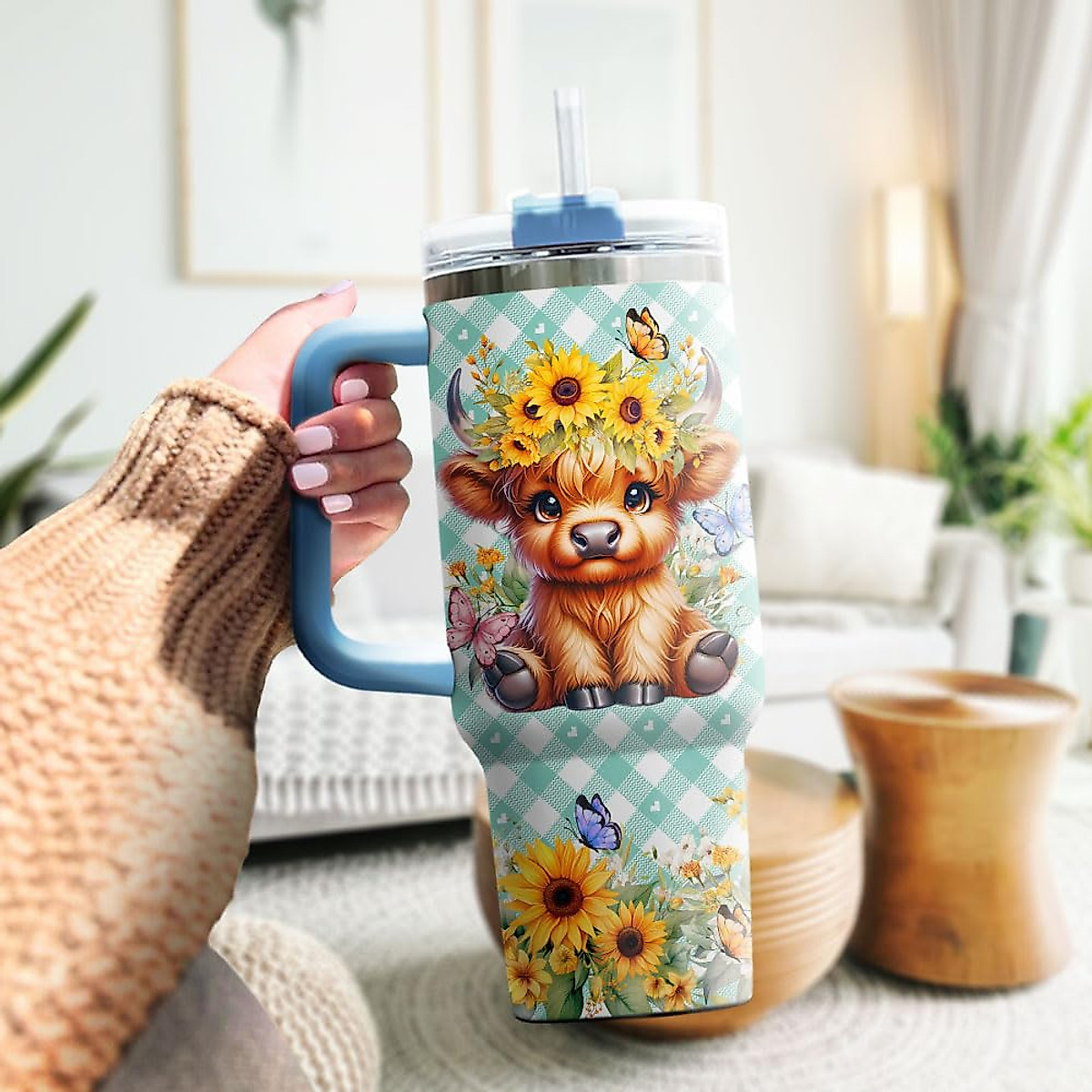 99OWL Highland Cow Gifts, For Cups Butterfly Tumblers Women Yellow Handle Coffee, Tumbler 40 Oz With Handle Lid And Straw, Cute Highland Cow Sunflower