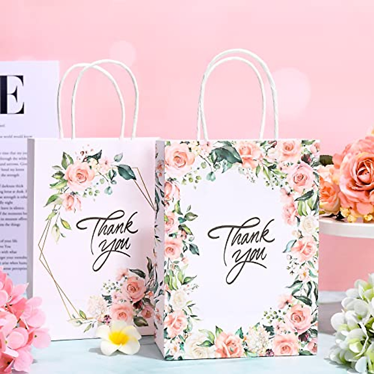 AnyDesign 16Pcs Thank You Gift Bags Floral Design Gift Bags with Handles White Kraft Paper Treat bags Wedding Small Paper Bags for Business Shopping Birthday Baby Shower Party Favors, 2 Designs