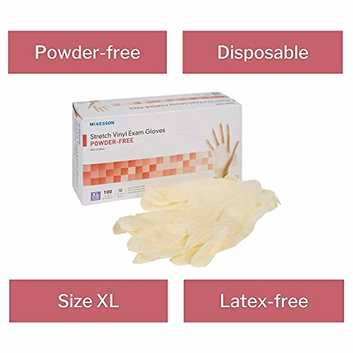 McKesson Stretch Vinyl Exam Gloves, Non-Sterile, Powder-Free, XL, 100 Count, 1 Box