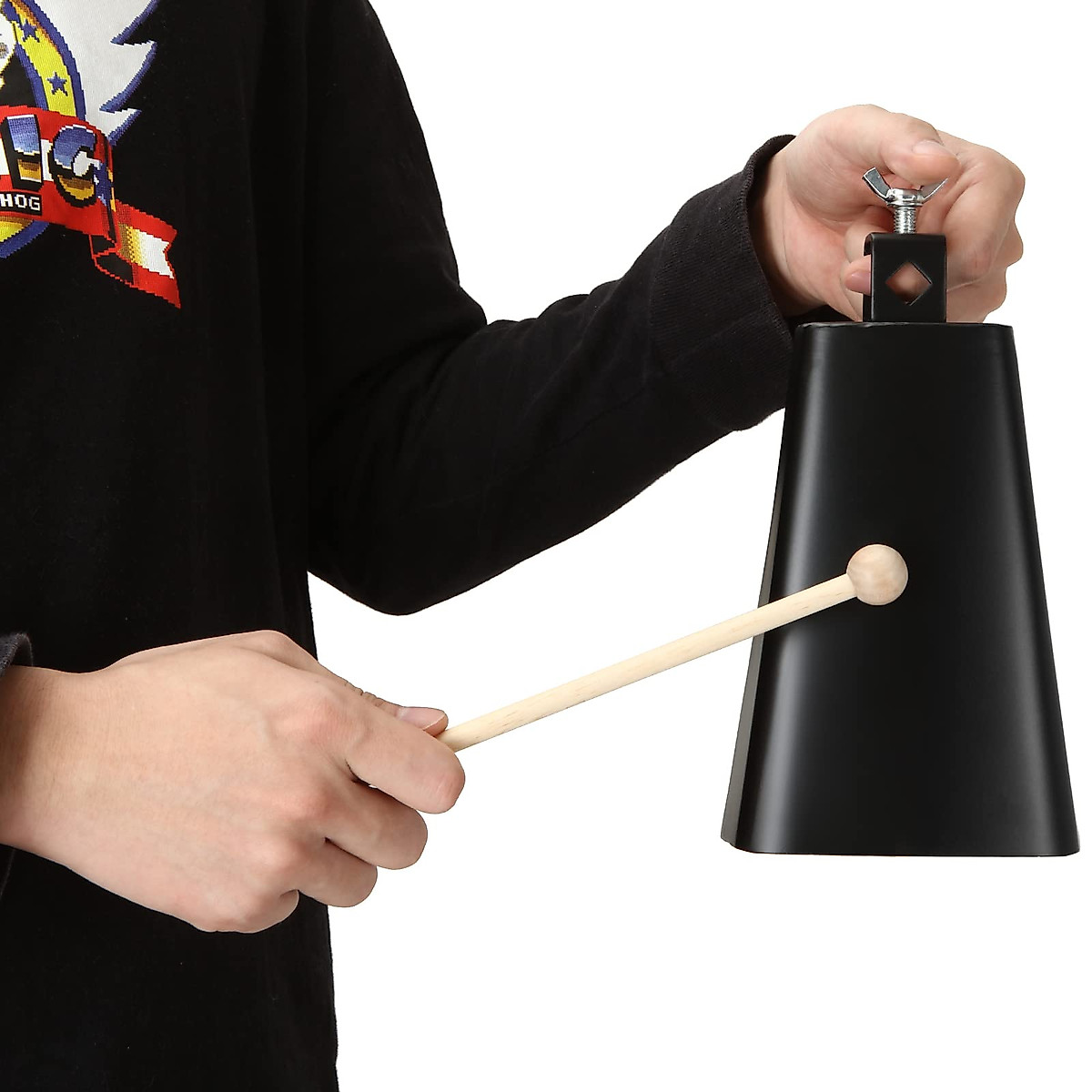 Acrux7 7 Inch Large Cow Bell Noise Makers, Metal Cowbell with Handle and Stick, Hand Percussion Music Cowbell for Sporting Events, Drum Set, Church, Weddings, Beautiful Clear Tapping Sound (Black)