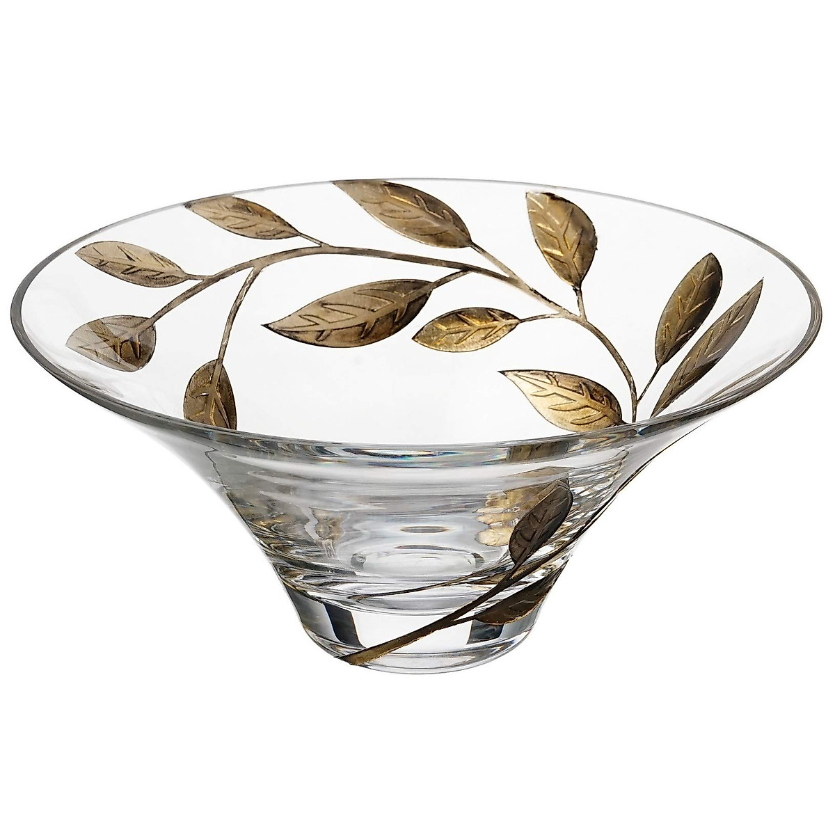 Decorative Glass Bowl Fruit Display - Etched, Hand Painted Leaves Decor - Mouth Blown Clear Glass - Large Salad Serving Bowl - Gift Boxed - D: 10.2 in (26 cm) (Gold)