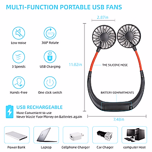 Portable Neck Fan, USB Rechargeable Fan, Hands Free Mini Personal Wearable Necklace Fan can Rotate 360°Freely with Dual Wind Head and 3 Level Air Flow for Office, Kitchen,Travel, Outdoor, Indoor, Desk
