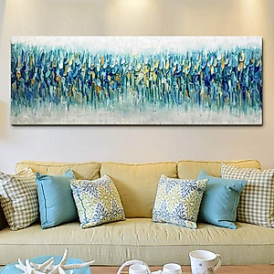 AMEI Art Paintings,24x60Inch 3D Hand Painted On Canvas Oversized Gold Blue Abstract Seascape Artwork Texture Palette Knife Oil Paintings Modern Home Decor Wall Art Stretched and Framed Ready to Hang