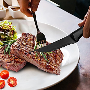 YUNYDSM Steak Knives Set of 8, Stainless Steel Serrated Steak Knife, Sharp Serrated Edges, Comfortable Grip Ergonomic Non-Slip Handle, Dishwasher Safe(8.5in Black)