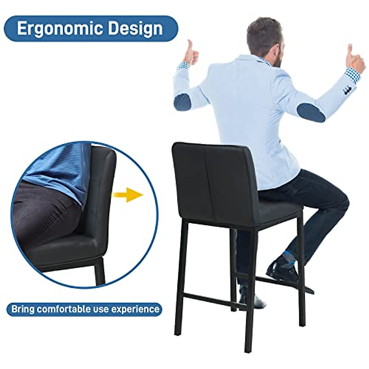 E&D FURNITURE Bar Stools 26 INCH Set of 2 with Back, Metal Legs PU Leather Barstool Mid-Century Modern Upholstered Counter Height Stool for Kitchen Island Counter, Black 2PCS