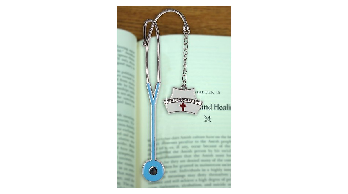 Nurse Bookmark - Enameled Stethoscope & Hat Charm - Nurses Day Gift