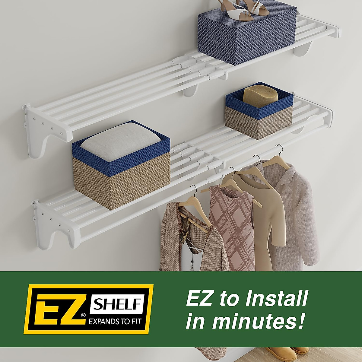 EZ Shelf - DIY Expandable Closet Shelf (NO Hanging Rod) - 40.5” to 73” - White - Easy to Install to 2 Sidewalls -(EZS-SW72)- Wire Closet Shelving Alternative