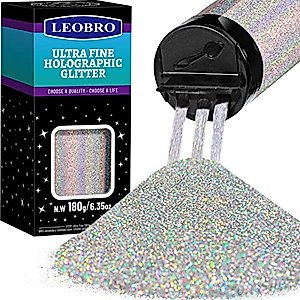 Holographic Ultra Fine Glitter, 180G/6.35OZ Resin Glitter Powder Sequins Flakes, 1/128" Metallic Iridescent Glitter for Resin Tumblers Art Crafts, Hair Face Body Nail Glitter, LEOBRO Silver Glitter