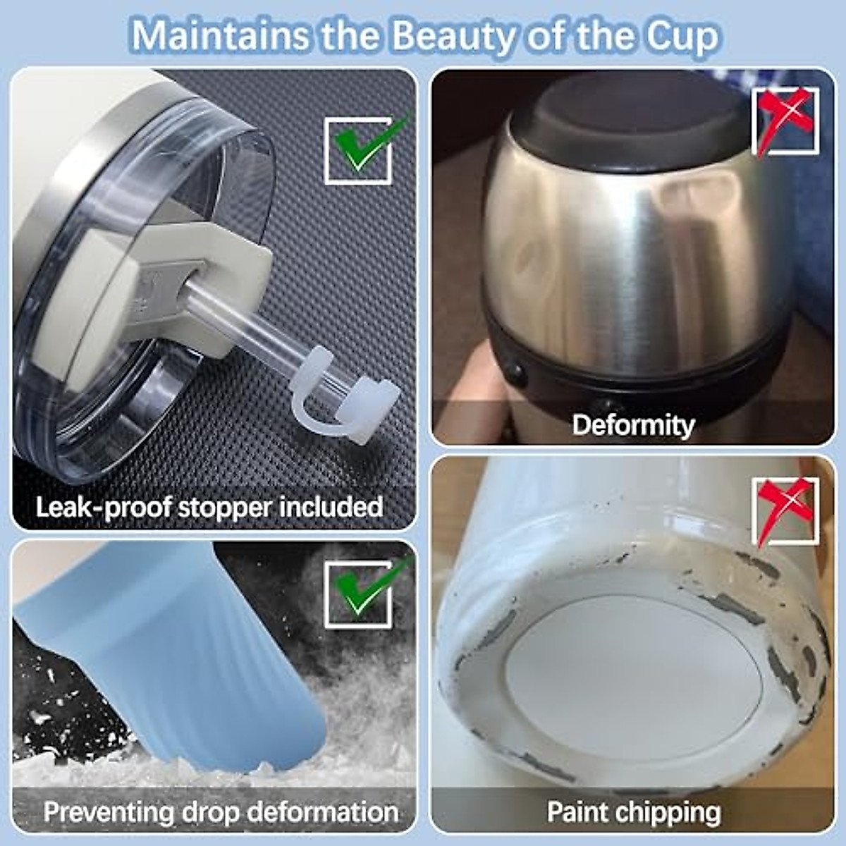 Silicone Cup Boot with 2 Pack Spill Stopper - Fit for 40 OZ Stanley Cup, Reusable Boot Sleeve for Outdoor, Bottom Protector - Light Blue