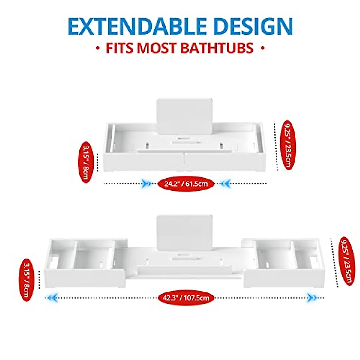 WINFFOR Acrylic Bathtub Tray, Expandable Bathtub Caddy, 1 or 2 Person Bath Tray, Luxury Bath Caddy Adjustable Bath Tub Table Caddy (White)