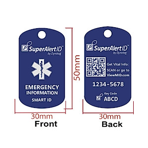 Dynotag® SuperAlertID Smart Military Style Medical ID/Emergency Information Anodized Aluminum Pendant & Chain Set, with DynoIQ™ & Lifetime Service. Blue (Blue)
