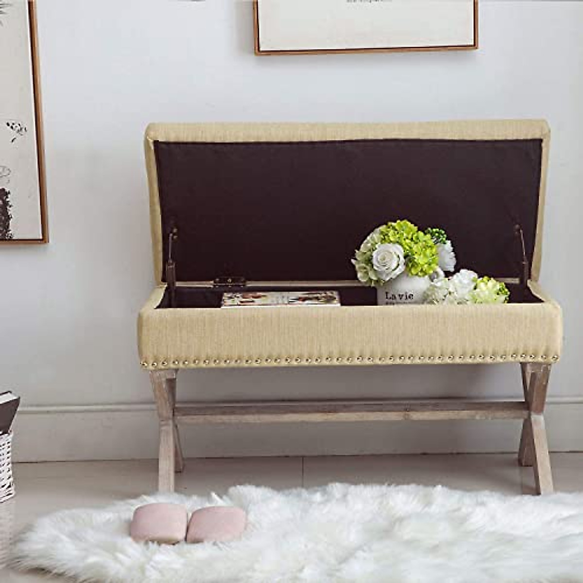 chairus Fabric Upholstered Storage Entryway Bench, 36 inch Bedroom Bench Seat with X-Shaped Wood Legs for Living Room, Foyer or Hallway - Beige