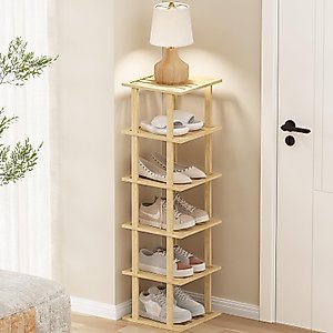 Bamboo Shoe Rack - Vertical Shoe Rack for Small Spaces, Skinny Shoe Shelf Space Saving Storage, Tall Vertical Narrow Shoe Rack for Front Door Entrance Closet Corner Garage