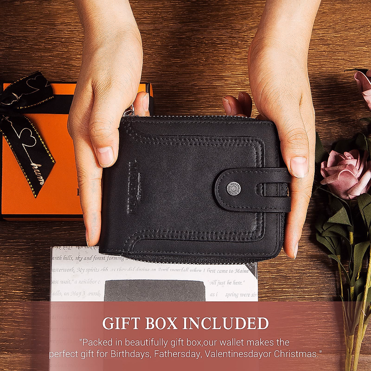 gzcz Mens Wallet with Zipper RFID Blocking Genuine Leather Bifold Purse with ID Window and Credit Card Holder (Black)