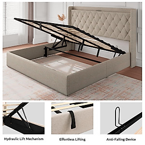 iPormis King Size Lift Up Storage Bed Frame with Charging Station, Upholstered Platform Bed Frame with Tufted Headboard, Hydraulic Storage, No Box Spring Needed, Noise-Free, Easy Assembly, Beige