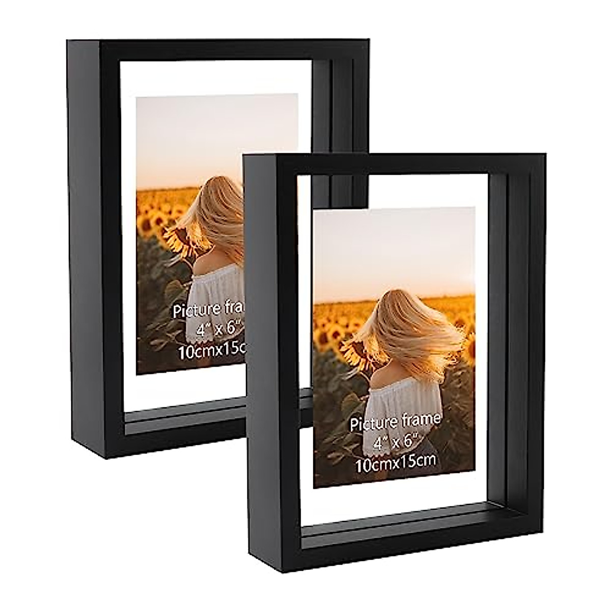 WIFTREY 4x6 Floating Picture Frame 2 Pack, Double Glass Rustic 4 x 6 Photo Frame Displays Photo up to 6x8 for Wall Hanging or Tabletop Standing, Black