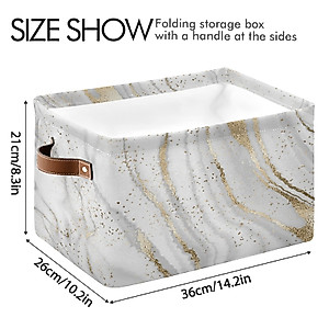 MNSRUU Storage Basket White Gold Marble Collapsible Organizer Basket with PU Handles, Waterproof Nursery Storage Bin，2 Pack