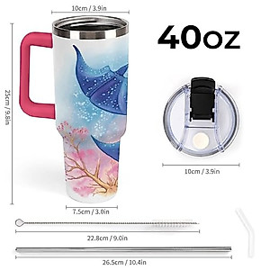 WYUSPGK 40oz Stainless Steel Car Mug, Sea Animals Stingrays Print Travel Mug, Double-Wall Insulated with Straw, Perfect for Car, Office, Outdoor