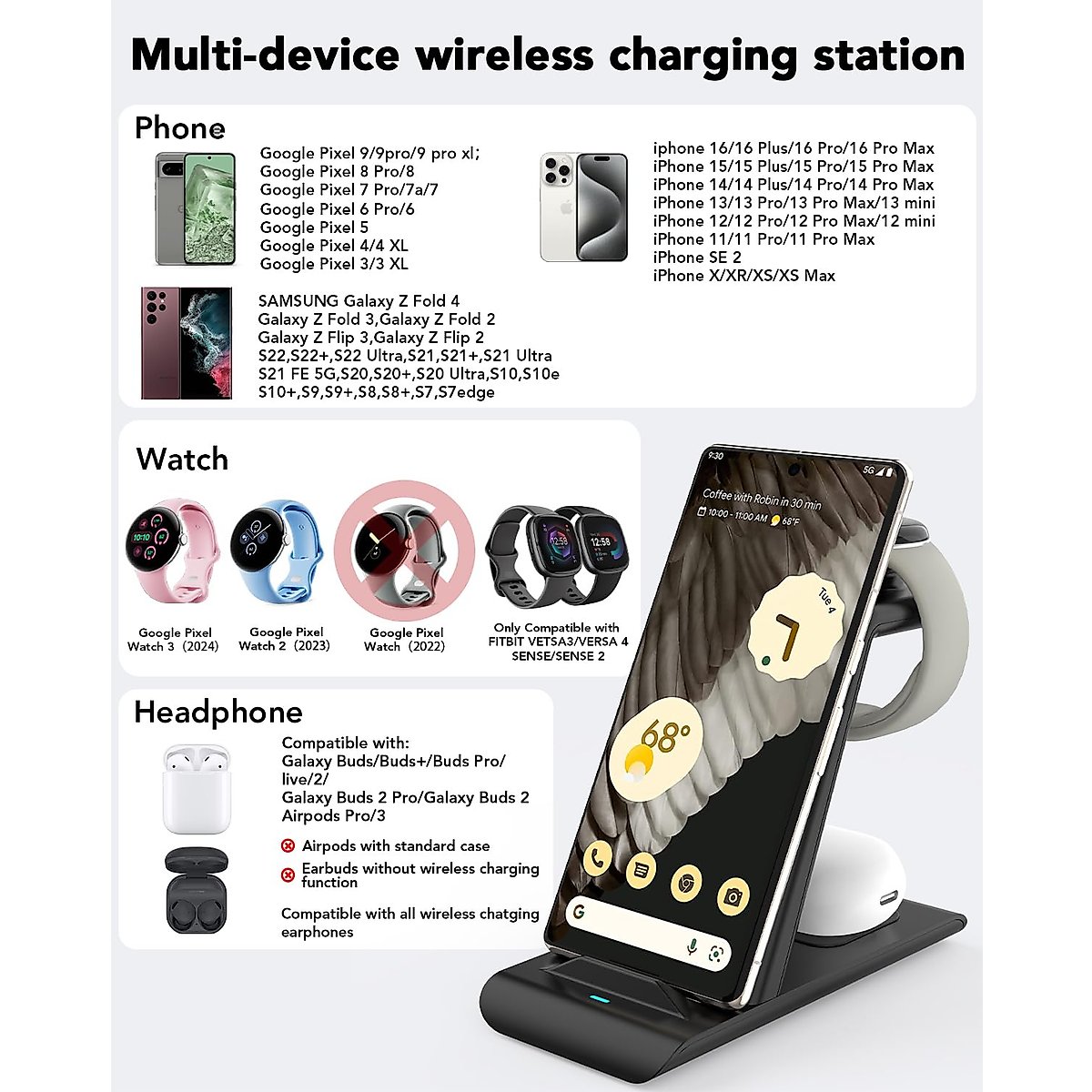 Upgraded 3 in 1 Wireless Charger Compatible with Google Pixel Watch 3/2, Pixel 9 Pro XL/9/8/7/7A/6 Pro, Pixel Buds Pro/2, Wireless Charging Station for Multiple Devices (Not for Pixel Watch 1)