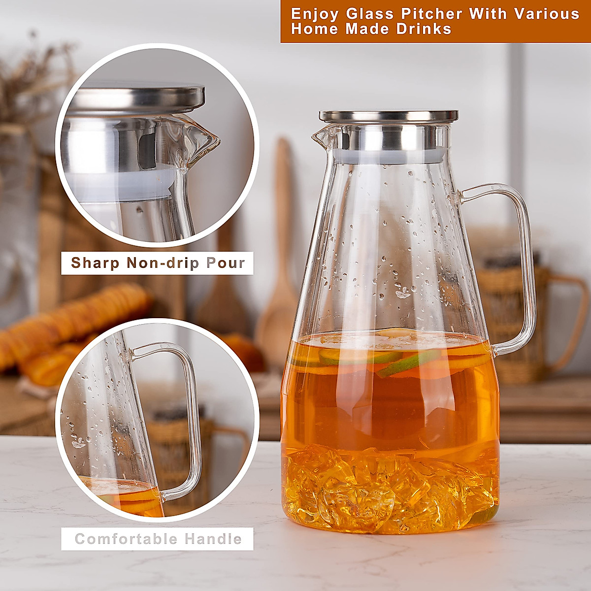 3 Quart Glass Pitcher with Lid,96 oz -Iced Tea Pitcher, Juice, Milk, Coffee, Lemonade - Borosilicate Boiling Glassware - Hot & Cold Beverages Christmas Gift,New Year Gift