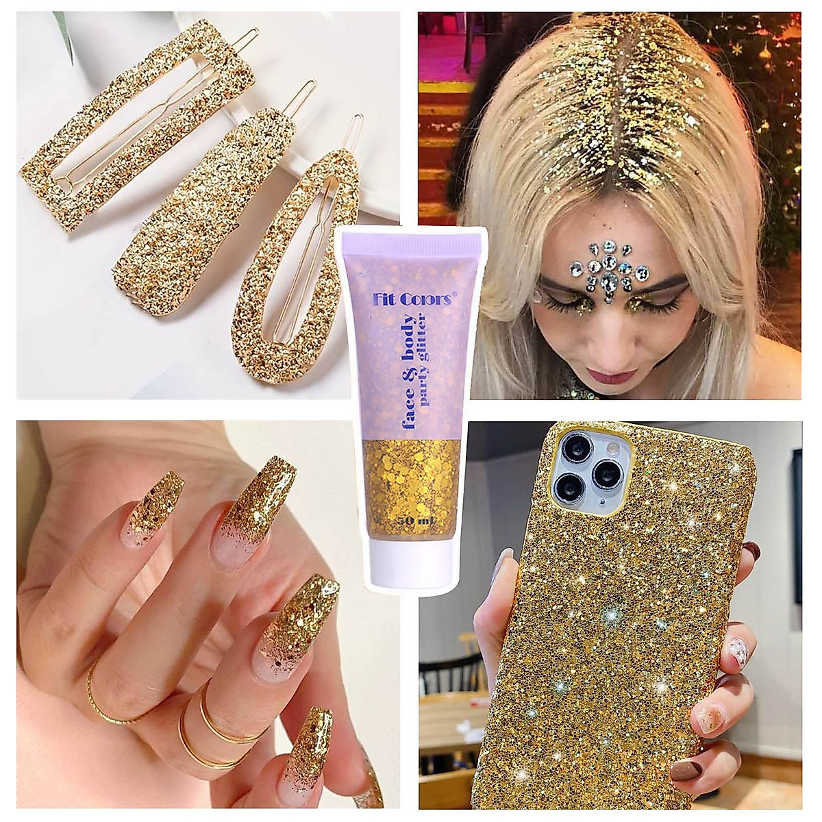 YOSOMK Gold Body Glitter Gel & 2 Sheets Face Gems Rhinestones Set, Face Glitter Makeup & Hair Jewels Stick on, Holographic Hair Glitter Eye Gems,Chunky Glitter Face Jewels for Makeup Festival