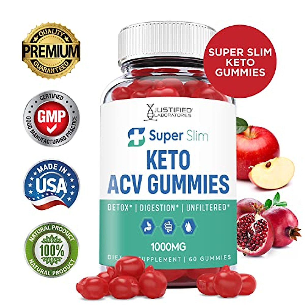 Justified Laboratories (10 Pack) Super Slim Keto ACV Gummies 1000MG with Pomegranate Juice Beet Root B12 600 Gummys
