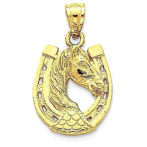 IceCarats 14K Yellow Gold Horse Head Lucky Horseshoe Necklace Animal Lover Pendant Equestrian Charm 26mm x 10mm Only