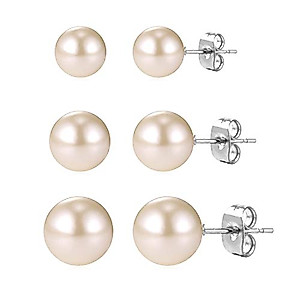 U7 Pearl Earrings for Women Surgical Stainless Steel Post Round 5mm 7mm 9mm Cultured Freshwater Pearls Ball Stud Earrings Set 3 Pairs
