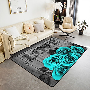 Erosebridal Turquoise Grey Carpet Teal Rose Flowers Area Rugs 5x7 for Bedside for Girls Men Women Valentine's Day Wedding Living Room Rug Gifts for Couple Lover,Country Rose Floral Indoor Floor Mat