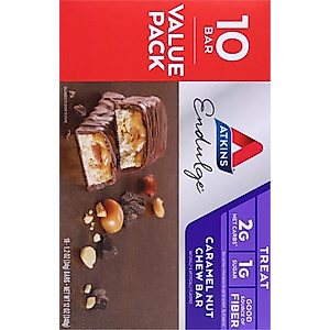 Atkins Endulge Caramel Nut Chew Bar, Dessert Favorite, 1g Sugar, Good Source of Fiber, Low Sugar, 10 Count