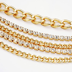 Glamorstar Multilayer Chain Belts for Women Rhinestone Waist Belt Punk Gorgeous Chain for Ladies Dresses Gold 130CM