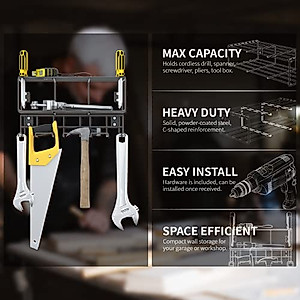 OMNINOVA Power Tool Organizer, 2 Pack Garage Tool Organizers and Storage with Screwdriver Holder, Drill Holder Wall Mount, Heavy Duty Metal Tool Shelf, Utility Storage Rack for Cordless Drill